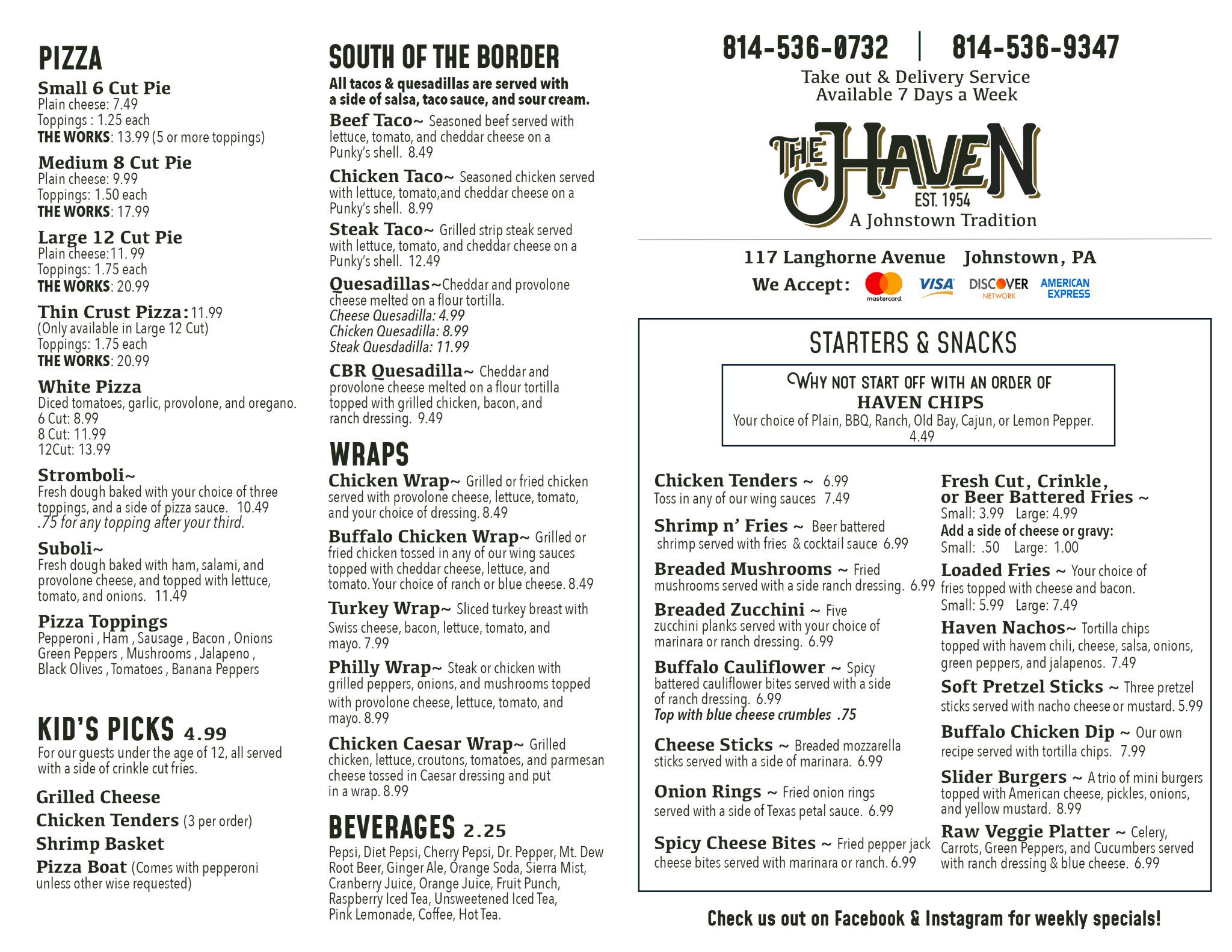 Menu | The Haven | Johnstown, PA